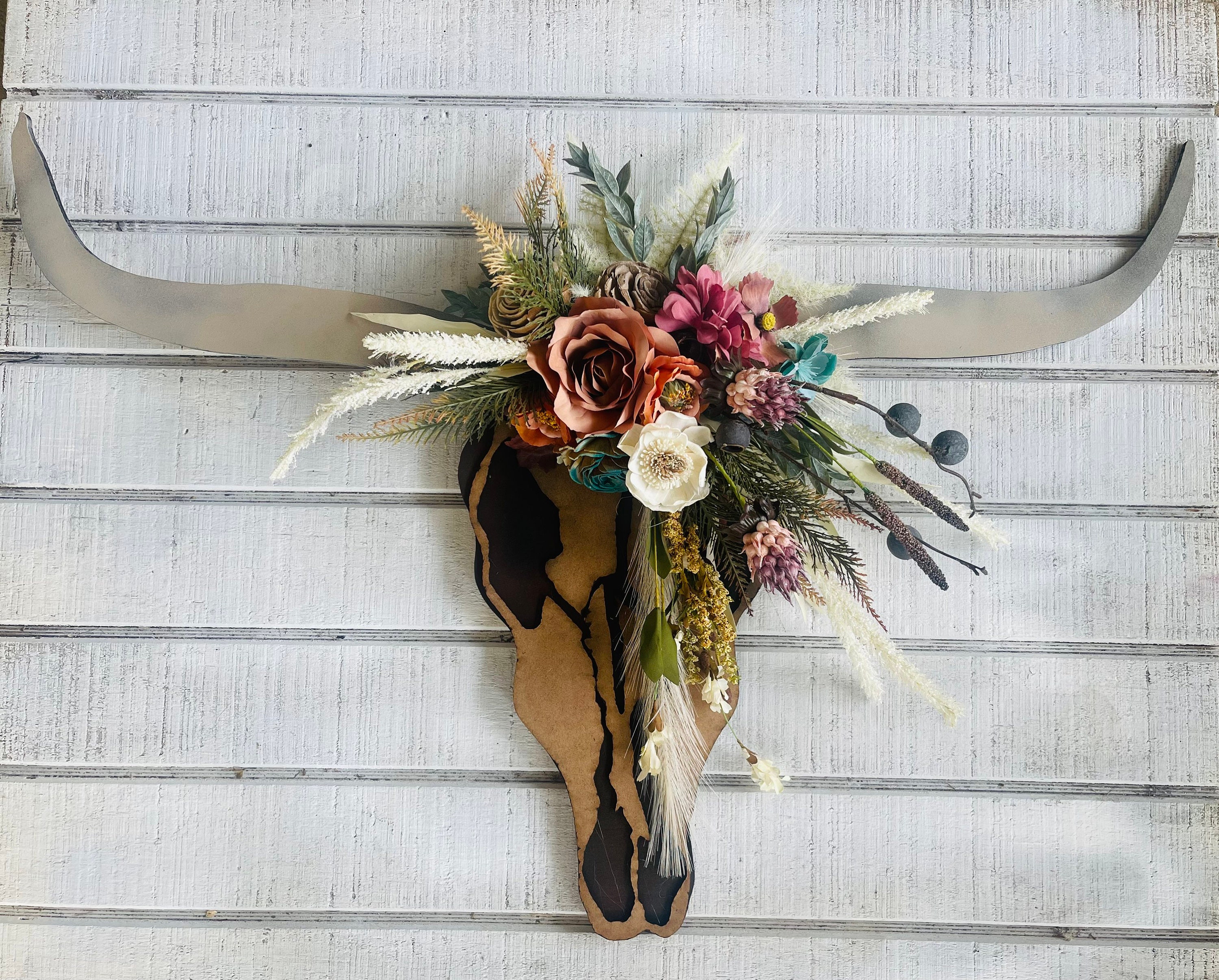 Southwestern Wood Longhorn Skull Wall Decor With Wood Flowers - Etsy