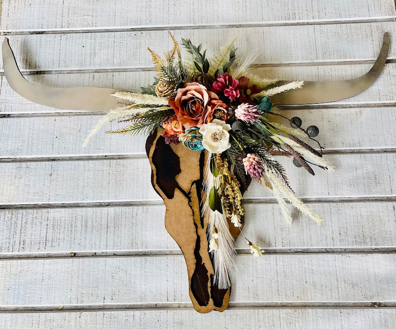 Southwestern Wood Longhorn Skull Wall Decor With Wood Flowers - Etsy