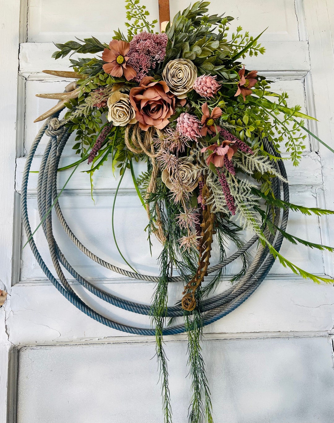 Spring Southwestern Floral Lasso Deer Antler Wreath - Cowboy Lariat ...