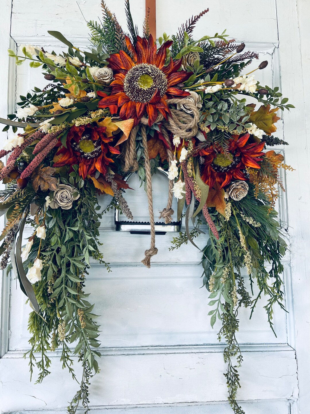 Autumn Sunflower Swag Wreath With Horseshoe - Rustic Sunflower Fall ...