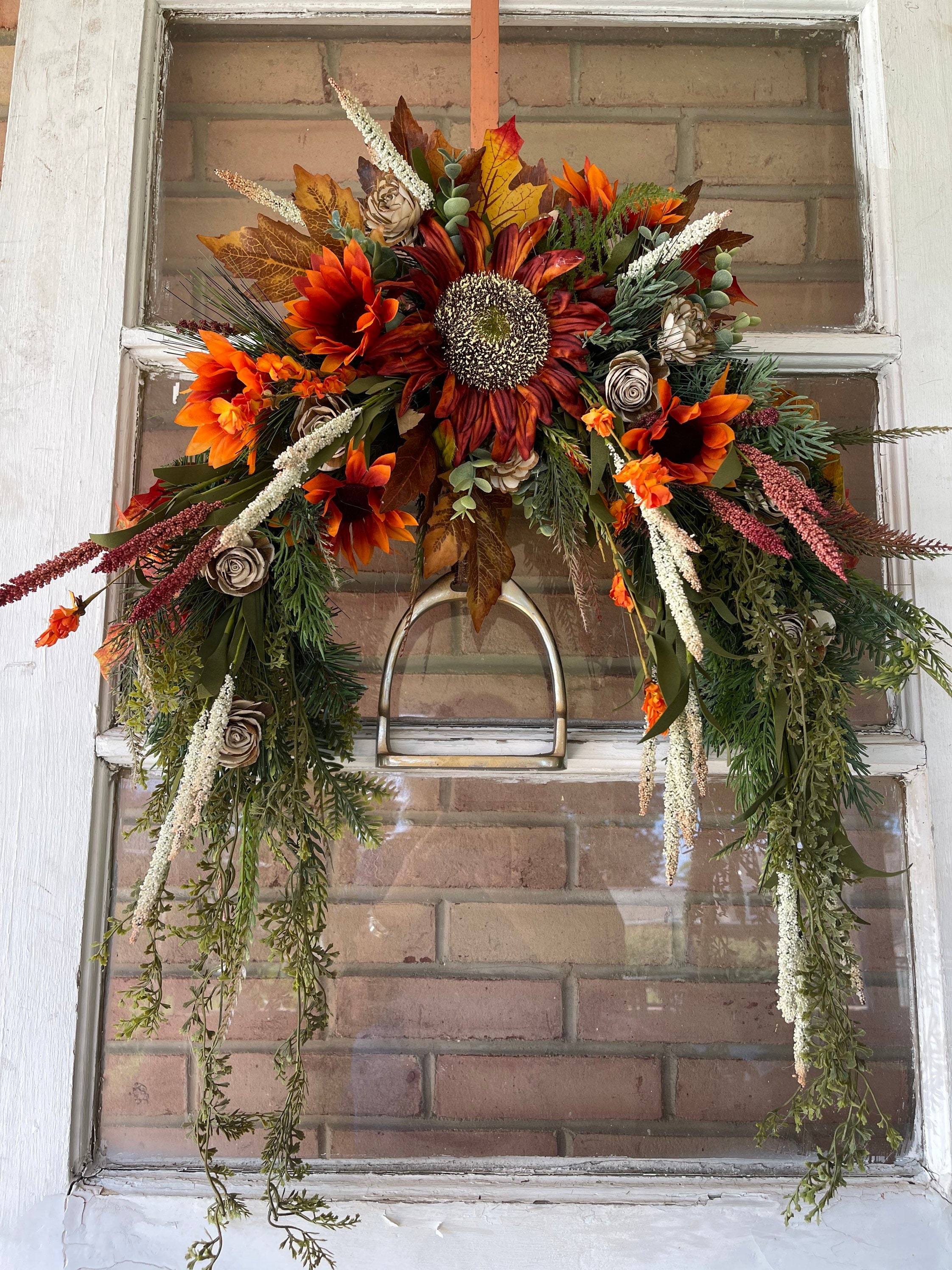 Autumn Sunflower Swag Wreath With Horseshoe Rustic Sunflower | Etsy