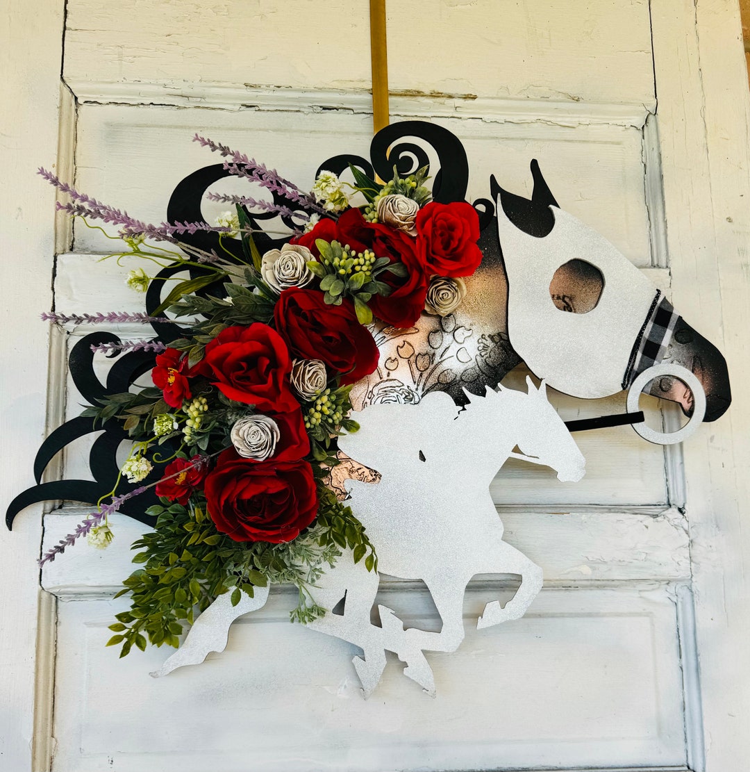 A Run for the Rose's Horse Head Wreath Kentucky Derby Equestrian Door ...