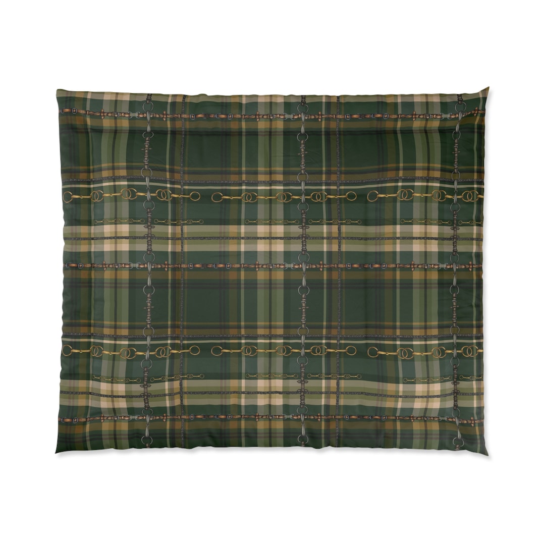 HUNTER GREEN Snaffle Bit PLAID Motif Art Comforter. Equestrian Bit and ...
