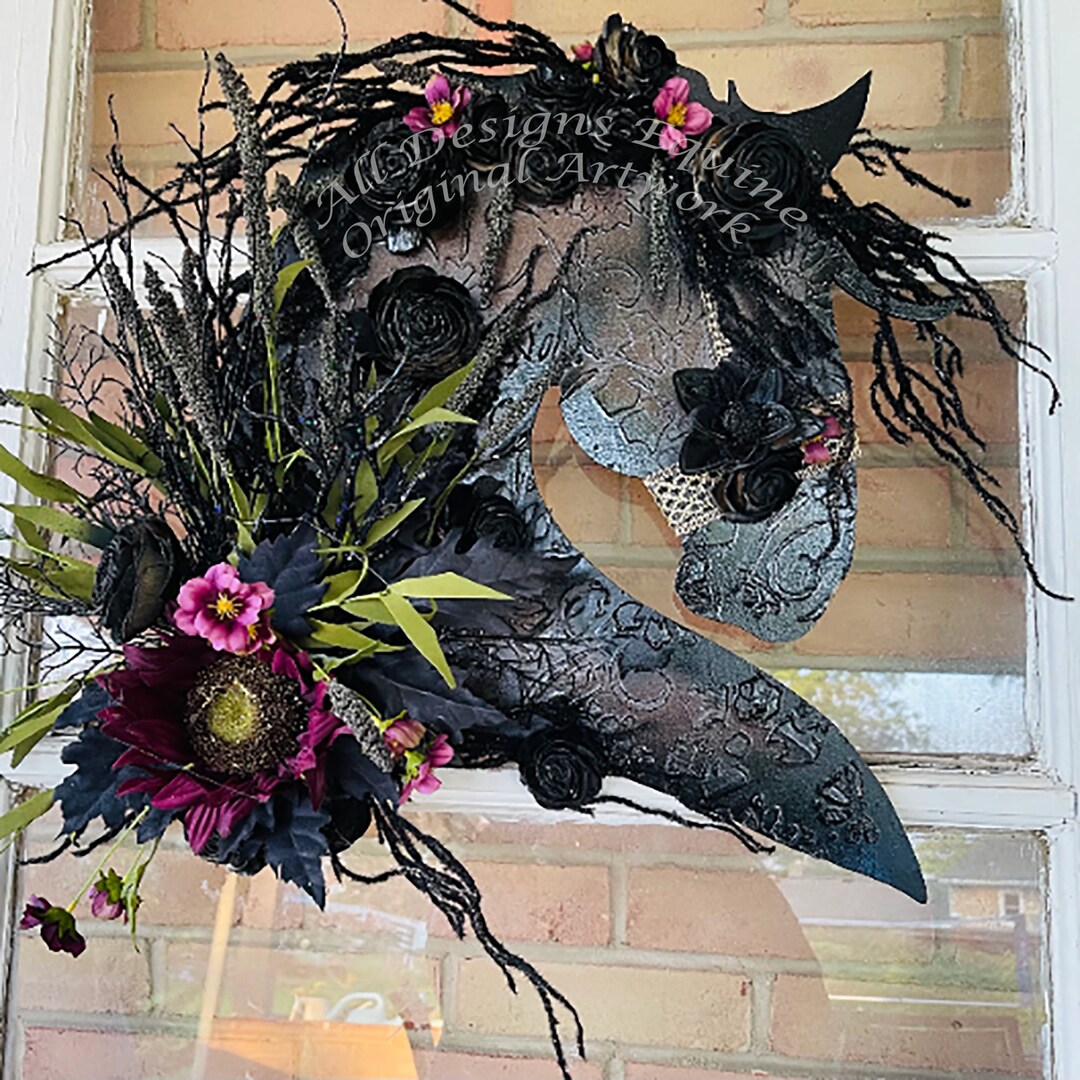 Friesian Halloween Dark Wood Flower Horse Head Wall Art or - Etsy