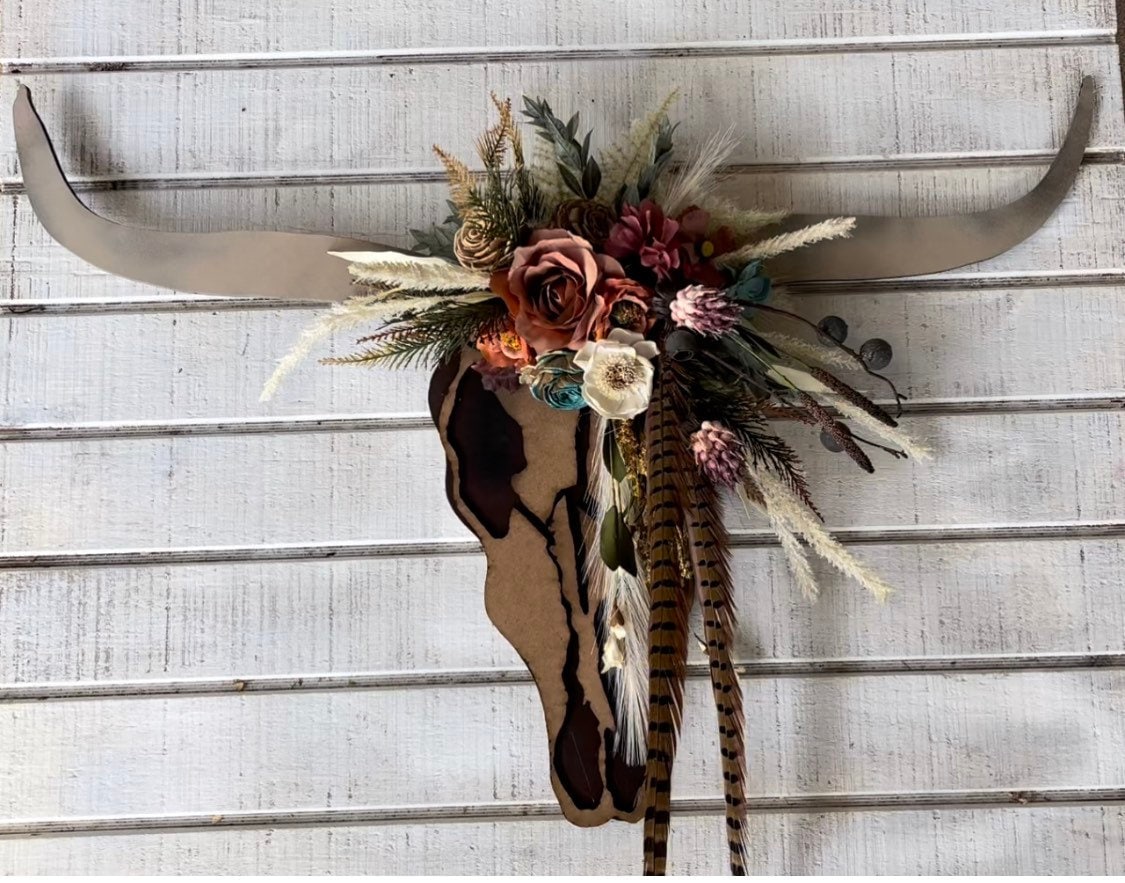 Southwestern Wood Longhorn Skull Wall Decor With Wood Flowers - Etsy