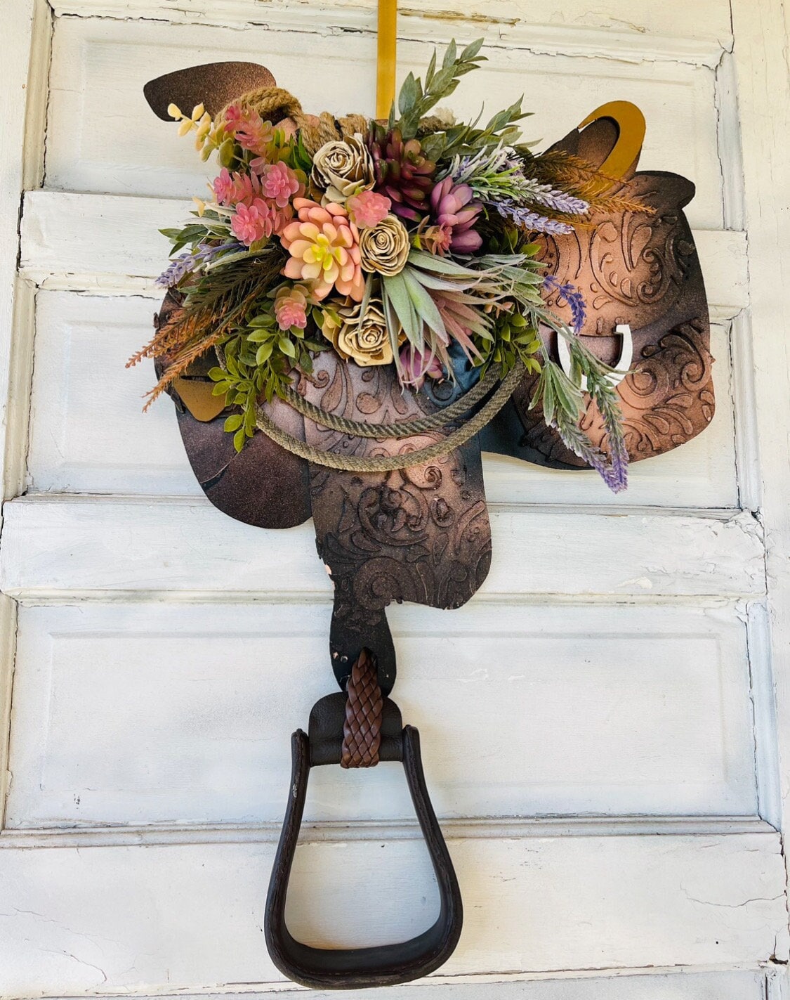 Leather Look Succulent Flower Western Saddle - Lariat Farmhouse Wall ...