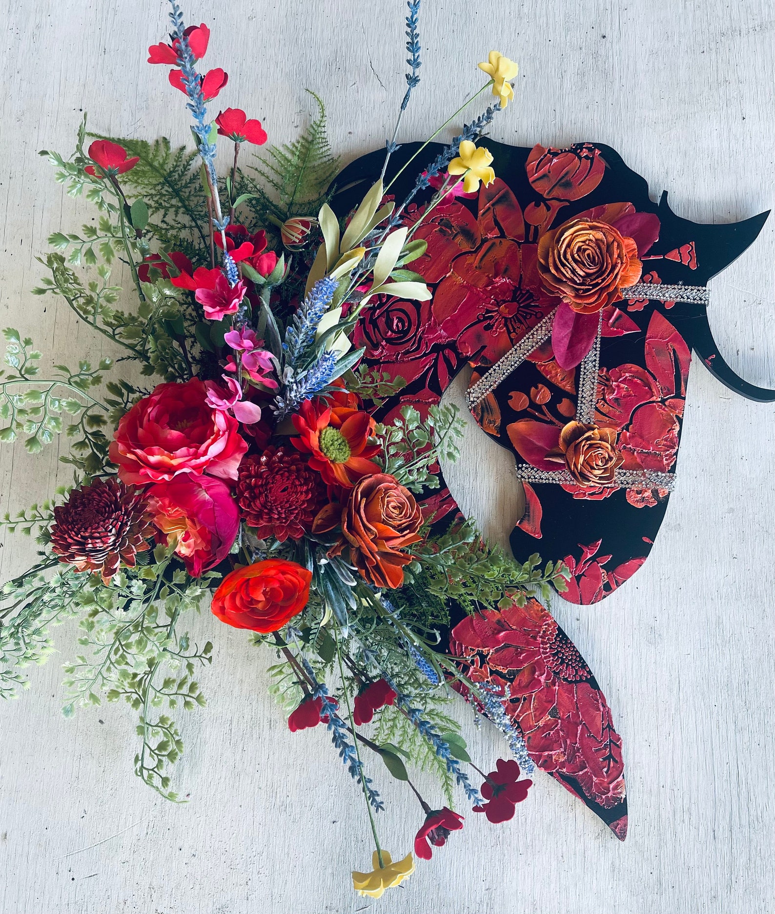 Black Friesian Spring & Summer Red Wood Flower Horse Head Wall - Etsy