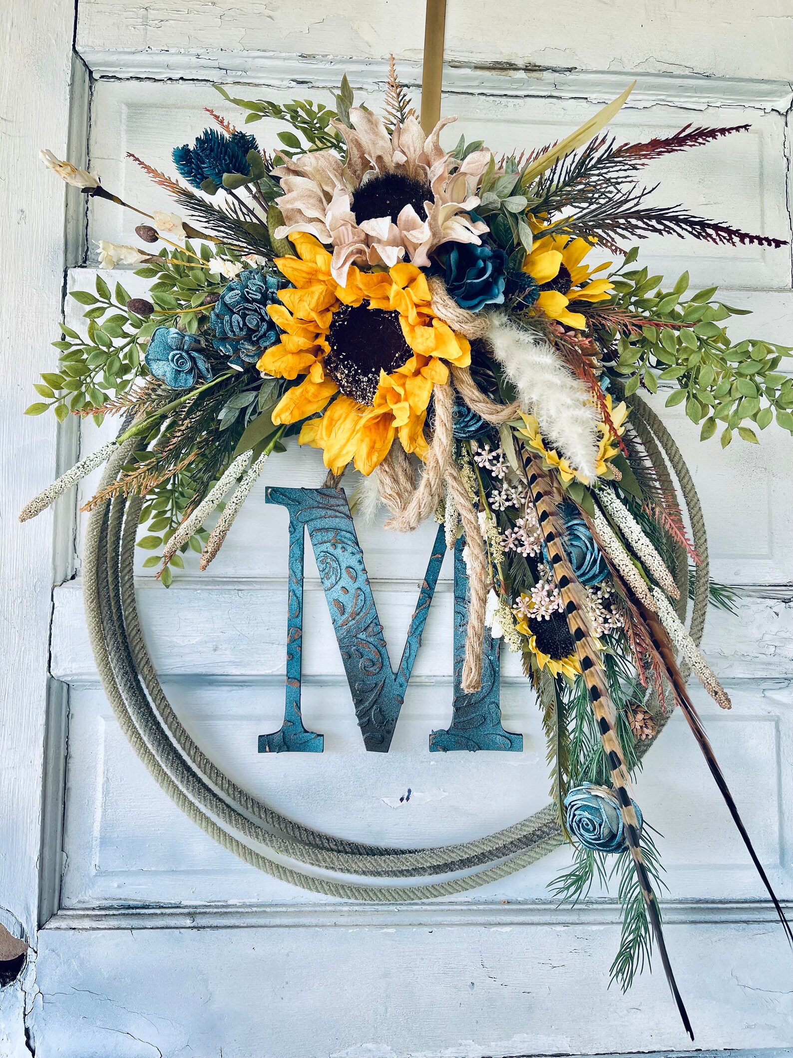 Southwestern Monogram Floral Lasso Wreath Cowboy Lariat Rope Wreath ...