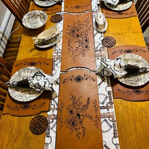 Leather Table Runner. Three Piece Leather Floral Table Runner. Holiday ...