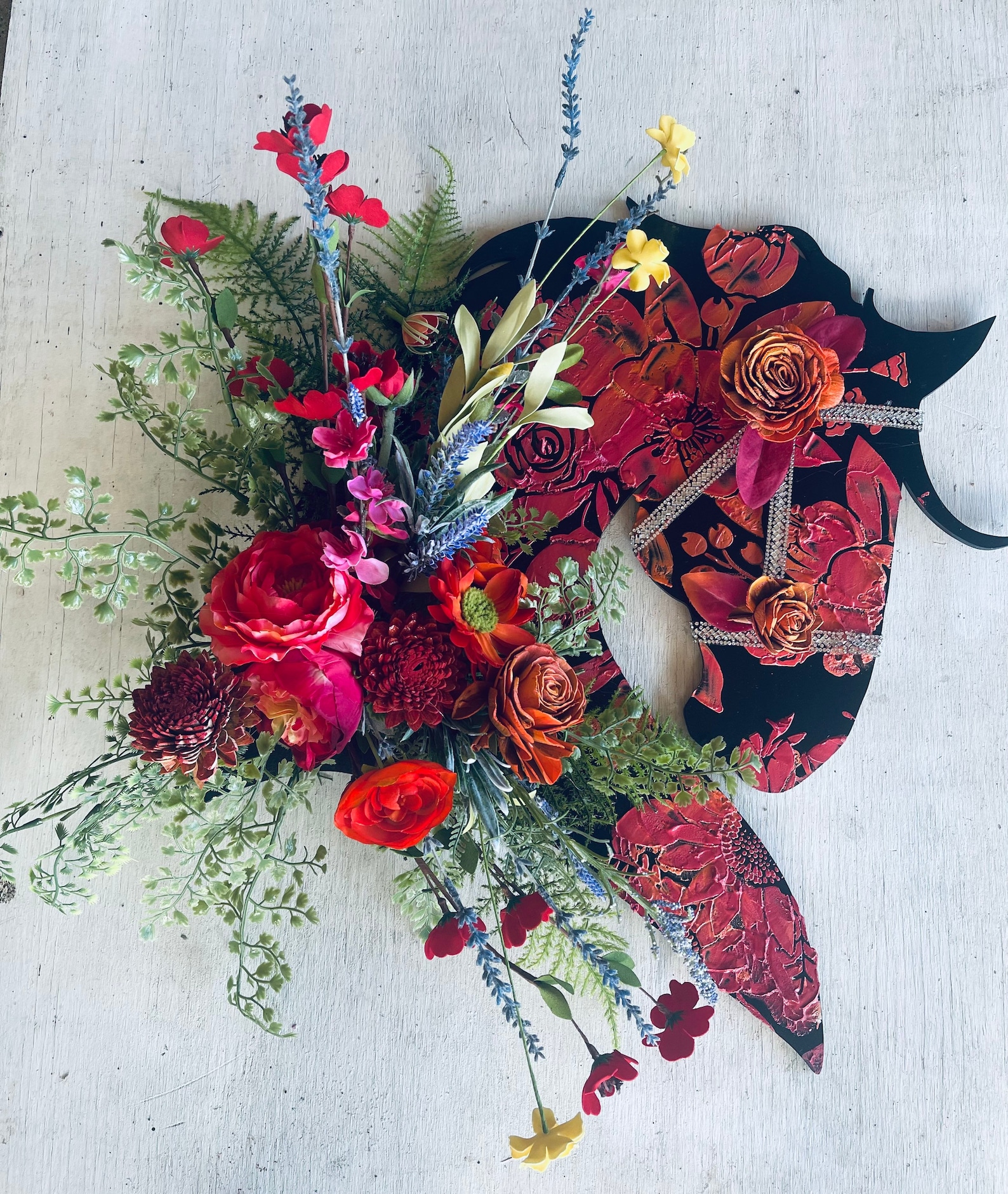 Black Friesian Spring & Summer Red Wood Flower Horse Head Wall Art or ...