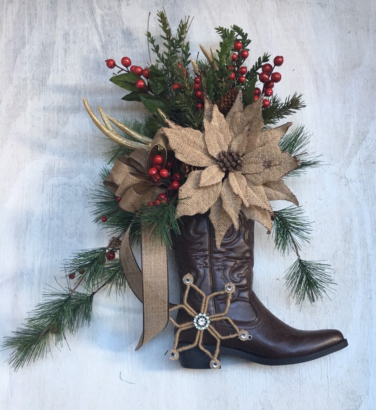 Cowboy Christmas Boot Wreath With Antlers - Deer Antler Wreath ...