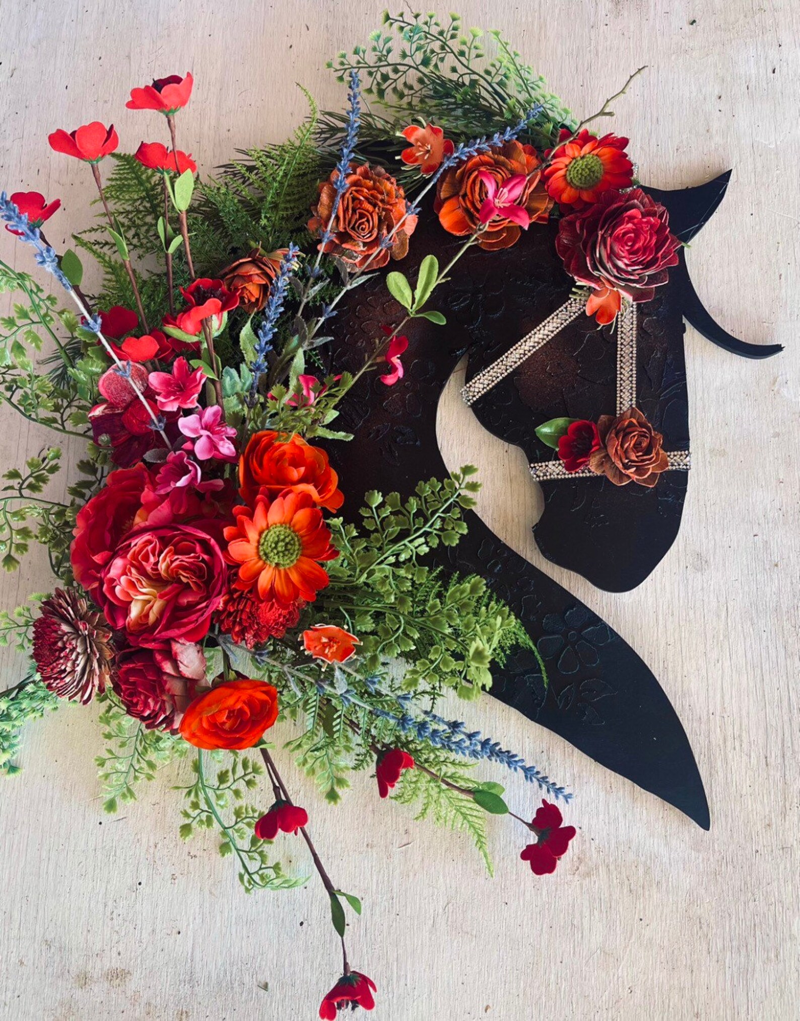 Black Friesian Spring & Summer Red Wood Flower Horse Head Wall | Etsy