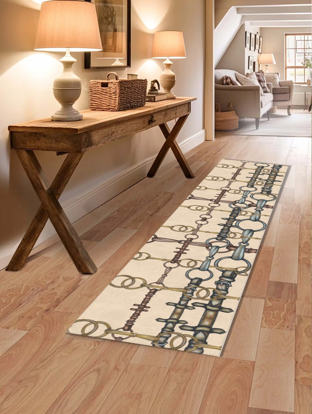 Equestrian Reins and Snaffle Bits Runner Rug - Light Tan Shimmer Rug ...