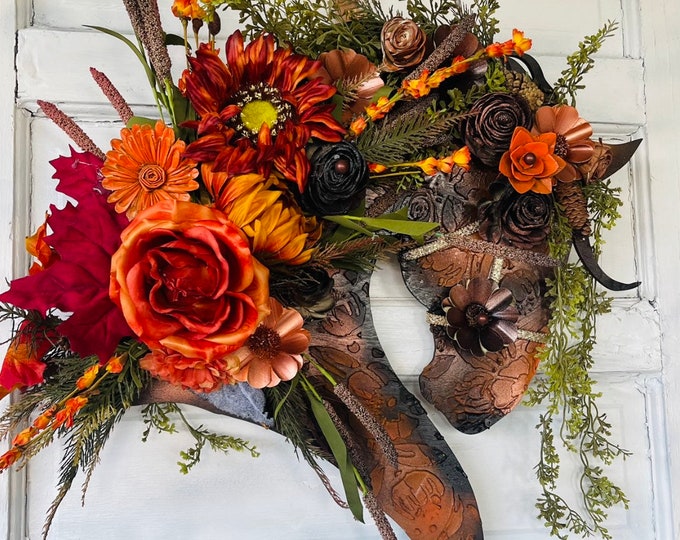 Orange Rust Autumn Horse Head Wreath With Wood and Silk Flowers ...