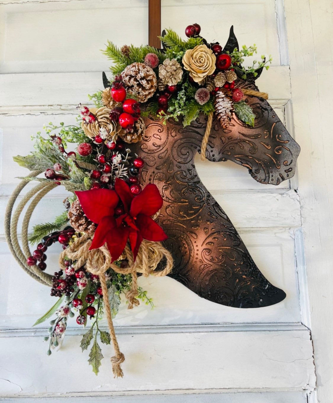 Berry and Pine Horse Head Wreath With Lariat - Horse Head Wall Decor ...