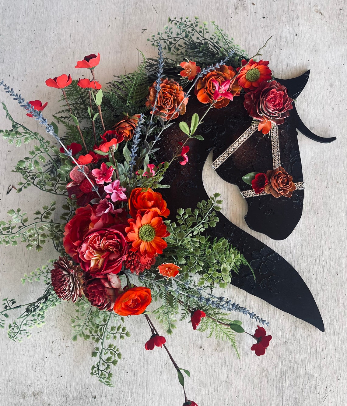 Black Friesian Spring & Summer Red Wood Flower Horse Head Wall Art or ...
