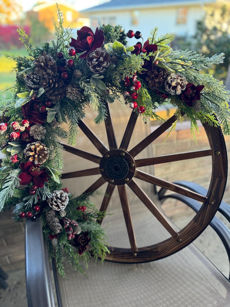 Large Christmas Wagon Wheel Door Hanger Barn Porch Decor. Southwestern ...