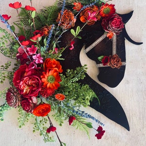 Black Friesian Spring & Summer Red Wood Flower Horse Head Wall Art or ...