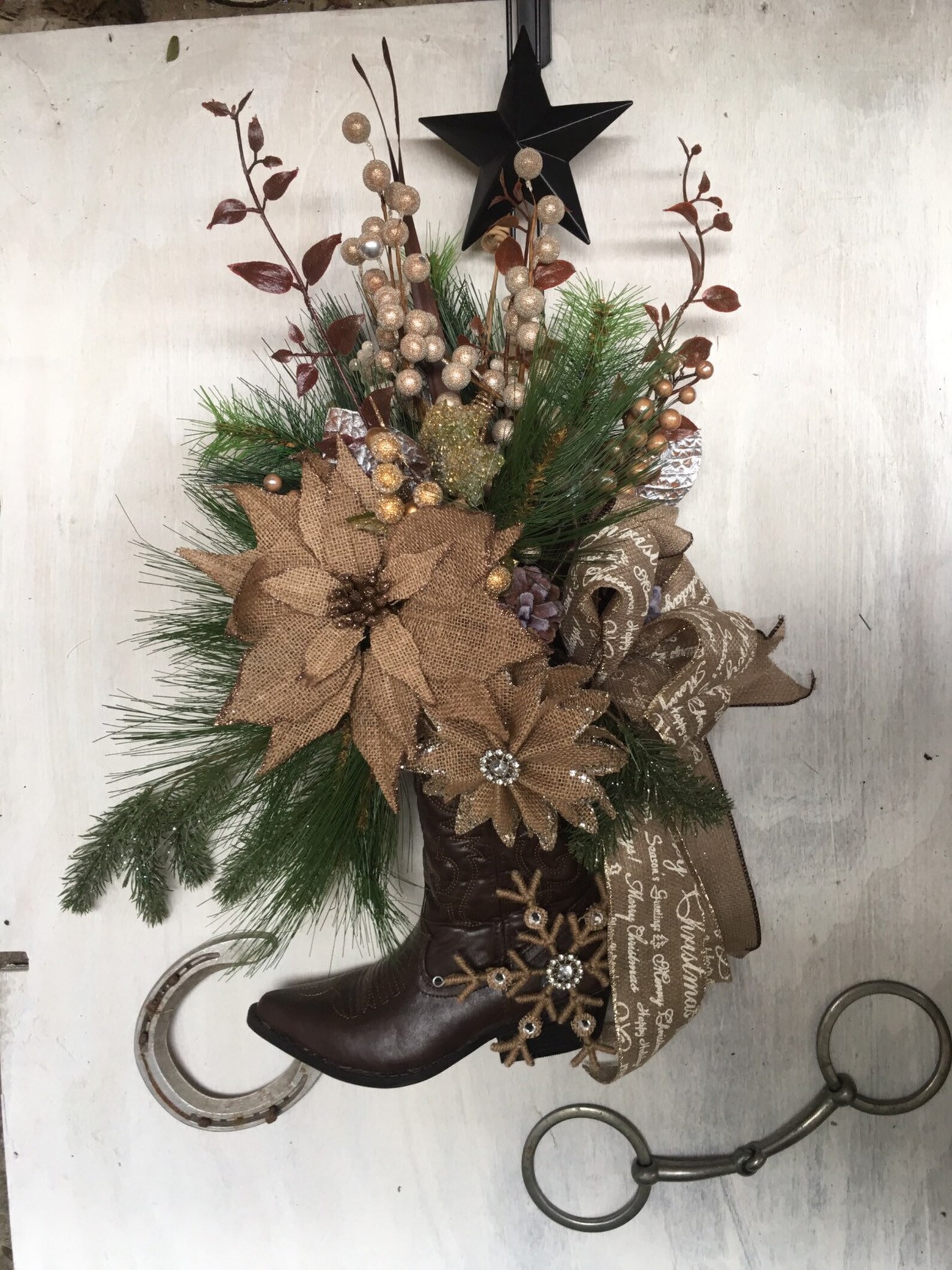 Rustic Burlap Cowboy Boot Wreath - Western Horseman - Cowboy Christmas ...