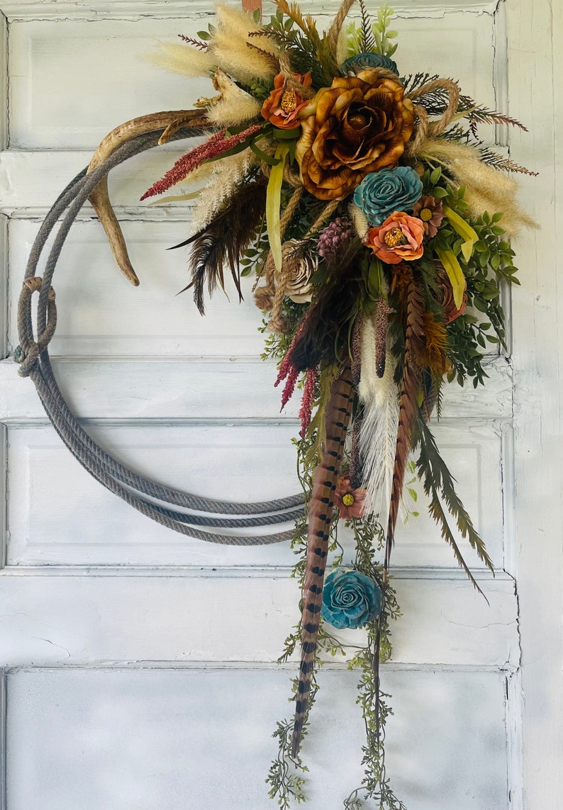 Southwestern Deer Antler & Feather Floral Lasso Wreath - Etsy