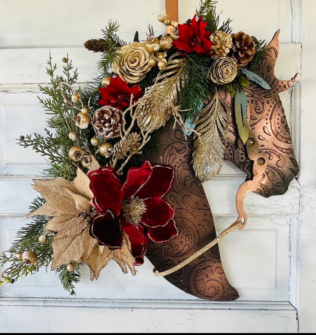 Southwestern Christmas Horse Wreath - Western Poinsettia Bridle With ...