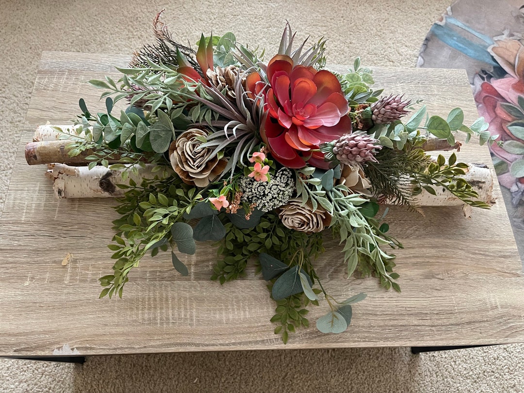 Rustic Succulent Farmhouse Wood Limb and Flower Centerpiece Deer Antler ...