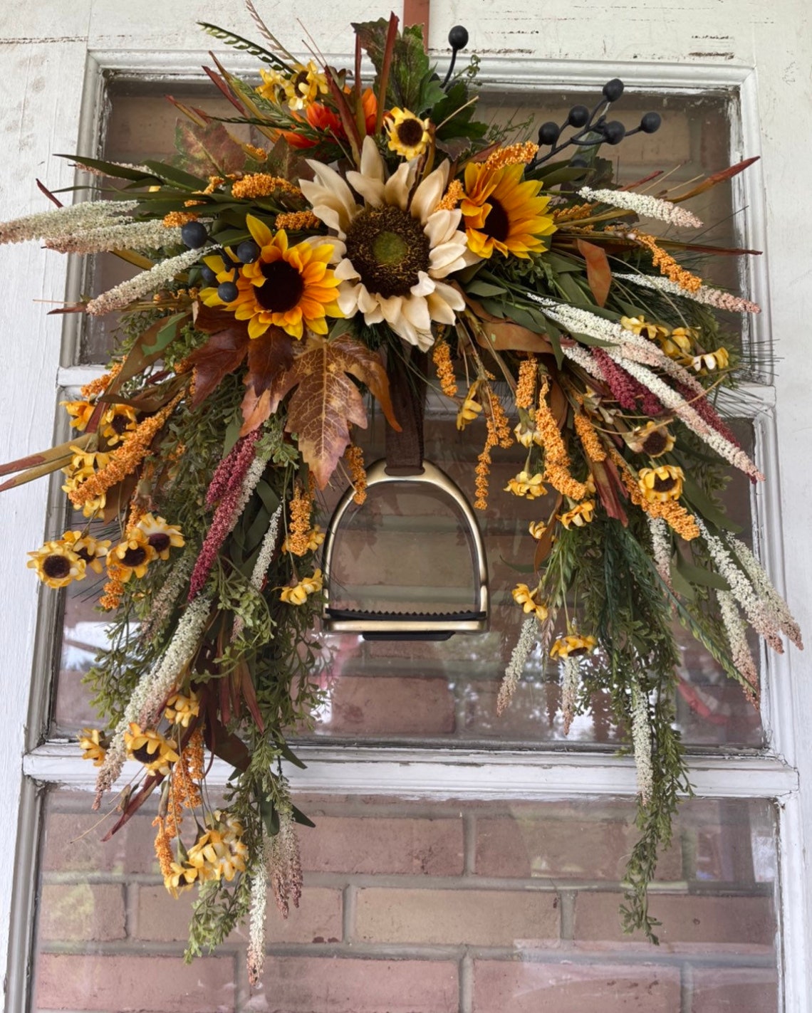 Autumn Sunflower Swag Wreath with Horseshoe Rustic Sunflower | Etsy
