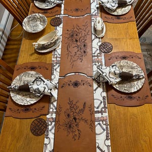 Leather Table Runner. Three Piece Leather Floral Table Runner. Holiday ...