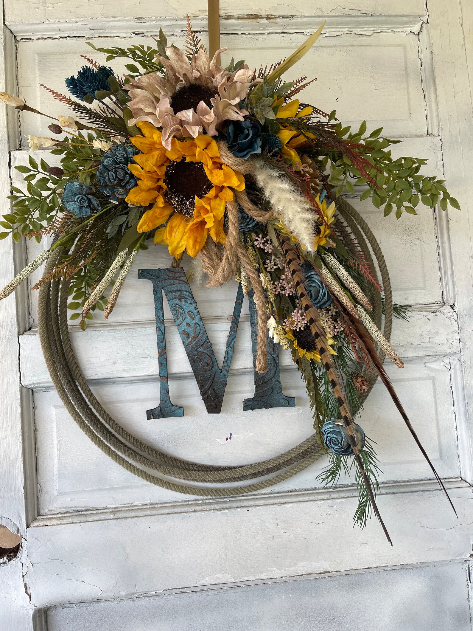 Southwestern Monogram Floral Lasso Wreath Cowboy Lariat Rope Wreath ...