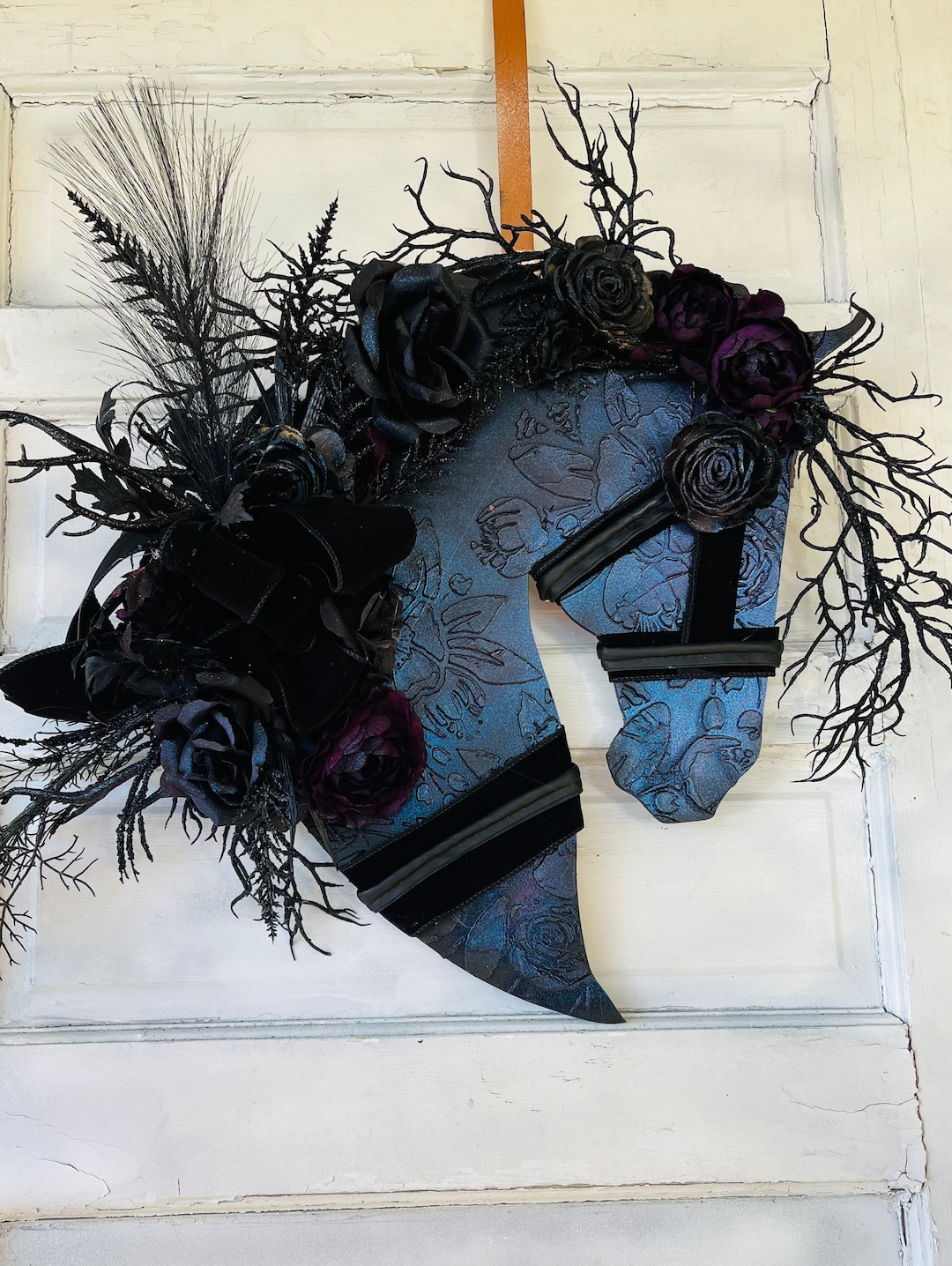 Friesian Halloween Dark Wood Flower Horse Head Wall Art or Door Hanger ...