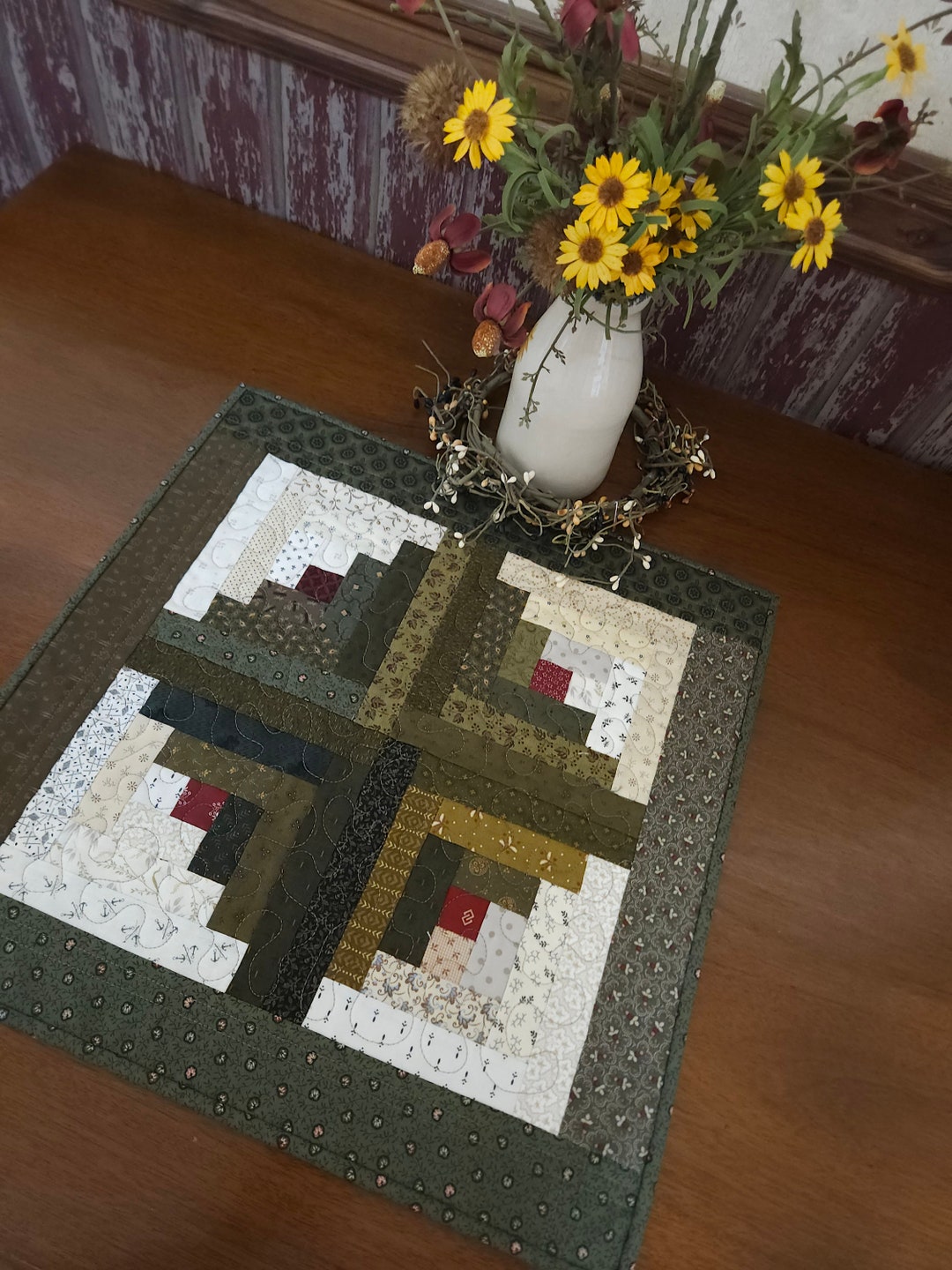 Quilted Green Log Cabin Table Topper, Country Table Covering, Scrappy Table Mat, Farmhouse Table ...