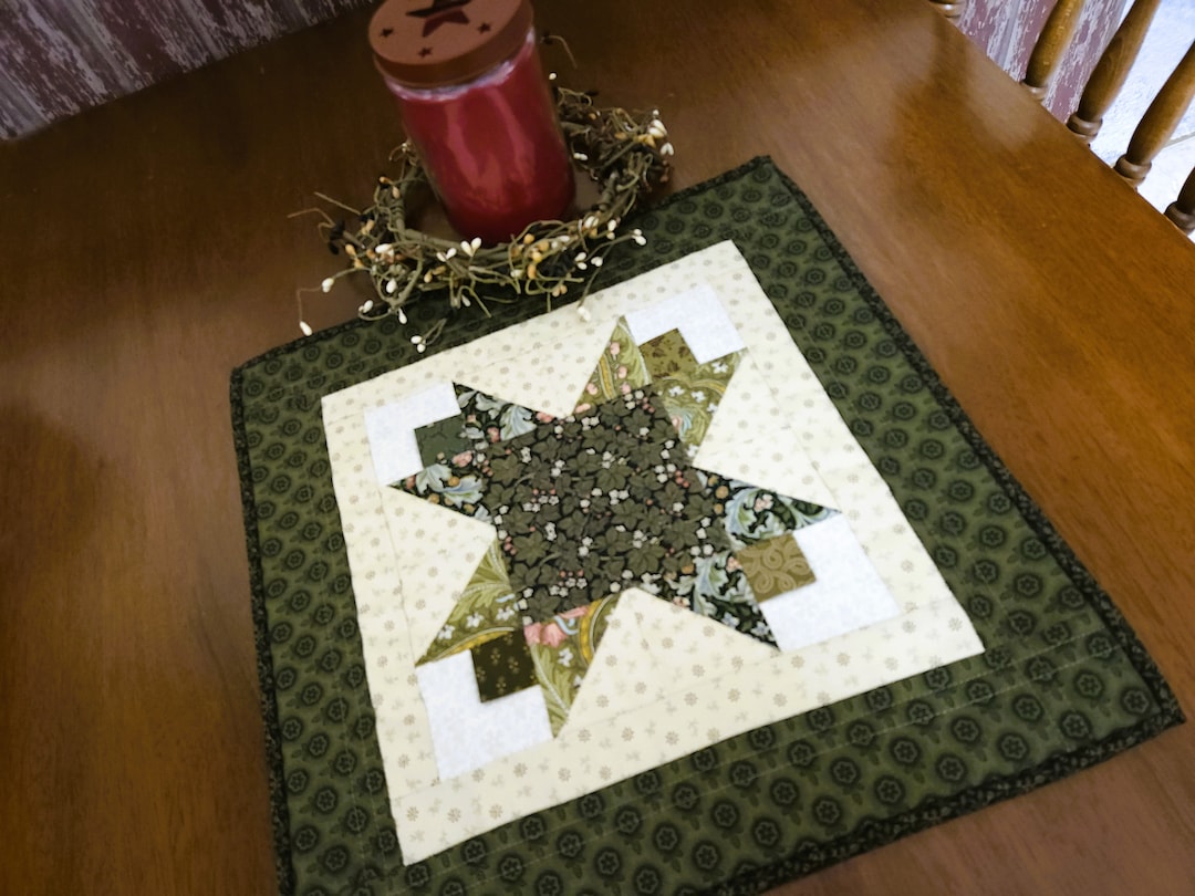 Quilted Green Star Table Topper With Prairie Points, Country Scrappy ...