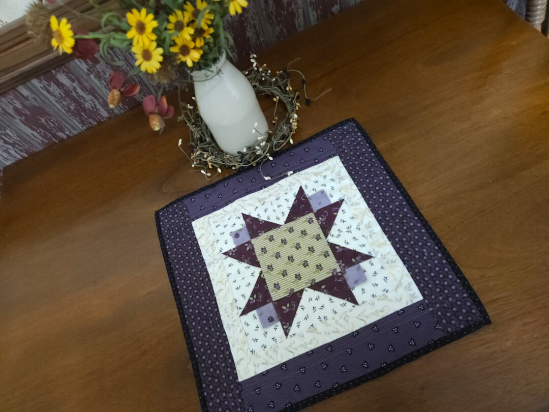 Quilted Spring Purple Star Table Topper With Prairie Points, Country ...