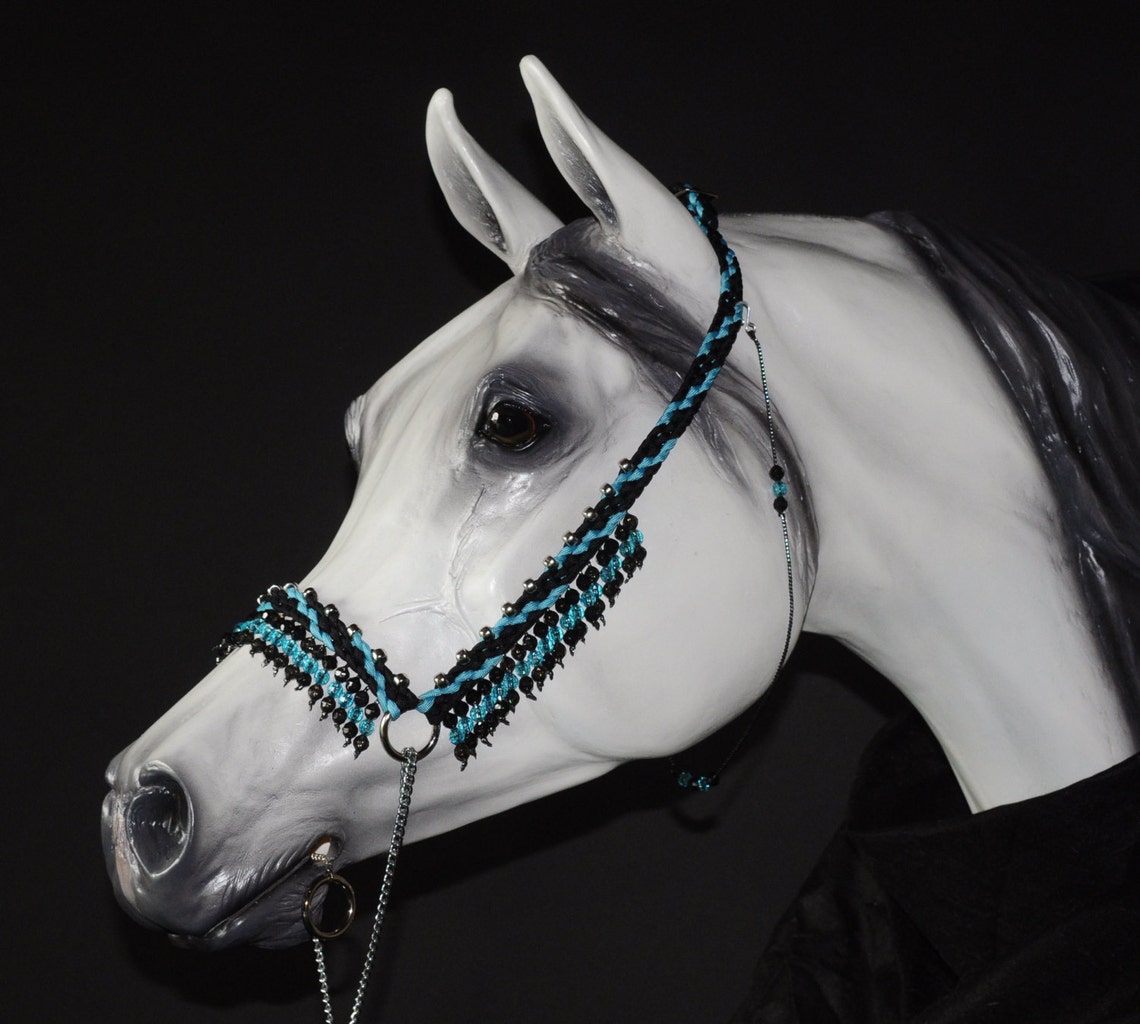 Hand Braided Arabian Style Show Halter, Horse Tack, BLACK / Turquoise ...