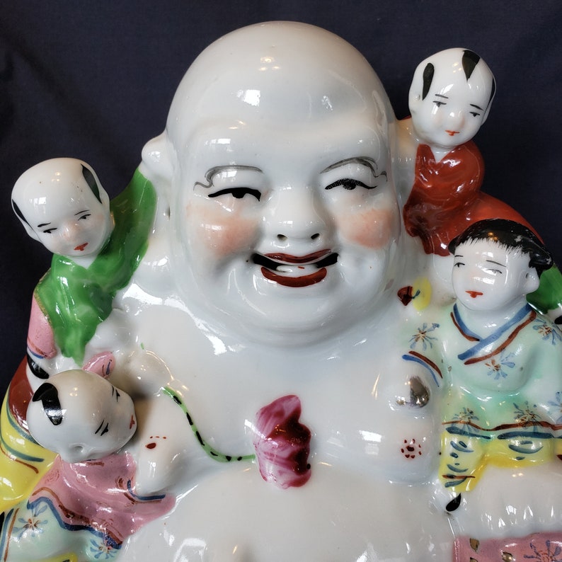 Laughing Buddha With 5 Children Families Rose Chinese Porcelain 9 Inch ...