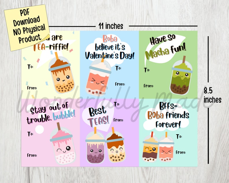 Boba Tea Valentine's Day Cards, Kids Printable Valentines (printable ...