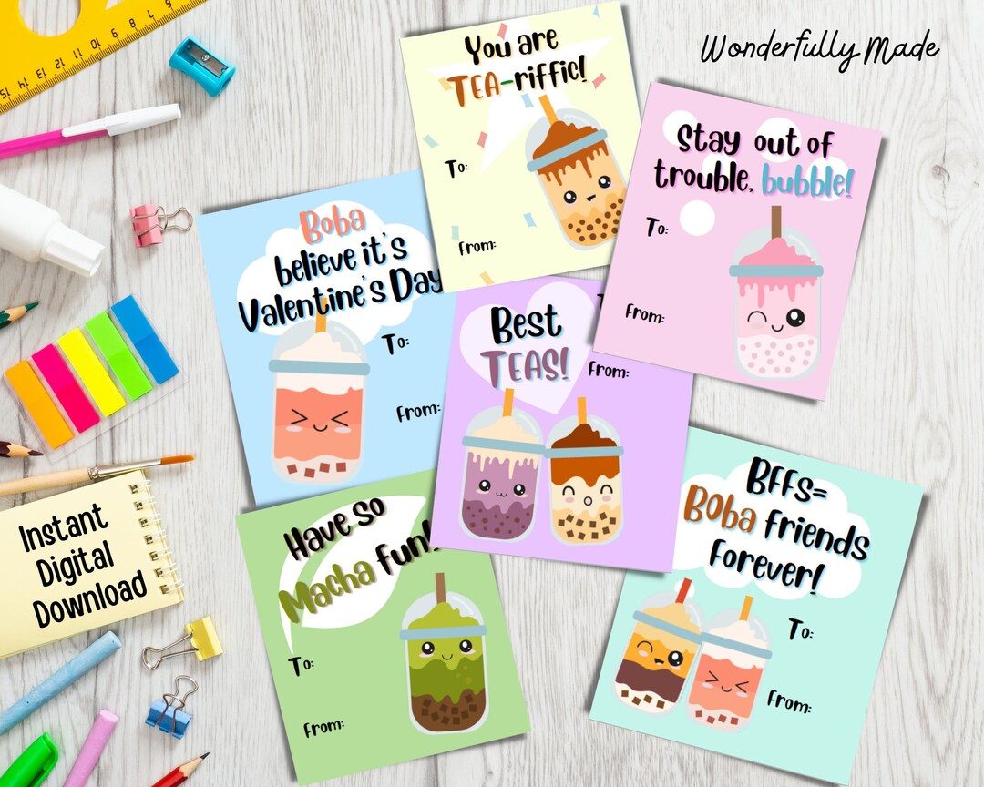 Boba Valentines, Bubble Tea Kids Valentines Day Cards, Printable Boba ...