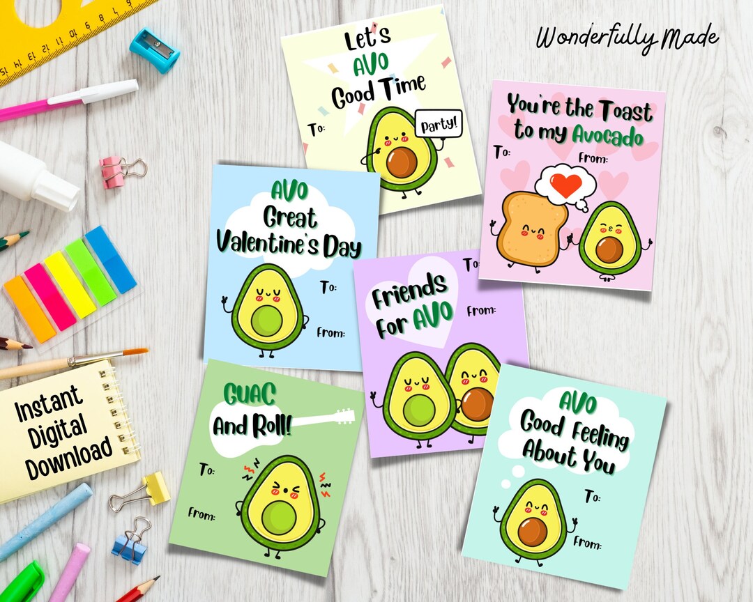 Avocado Valentine's Day Cards, Kids School Valentines (printable PDF ...