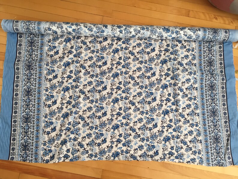 Border Print Cotton Fabric by the Yard Blue & White Floral | Etsy