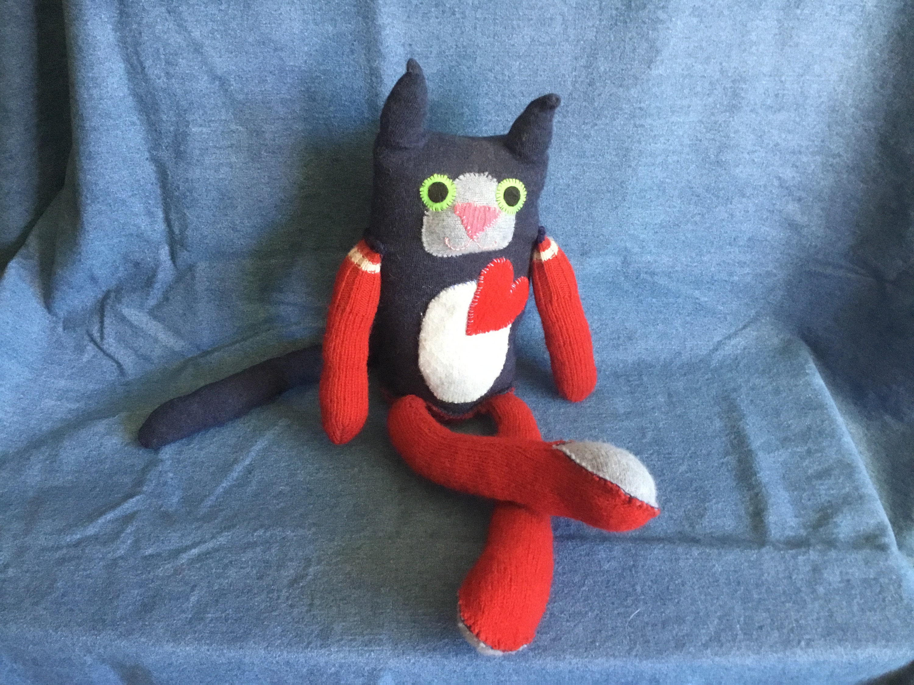 Handmade, One of a Kind, Blue and Red Stuffed Cat Created With Gently ...