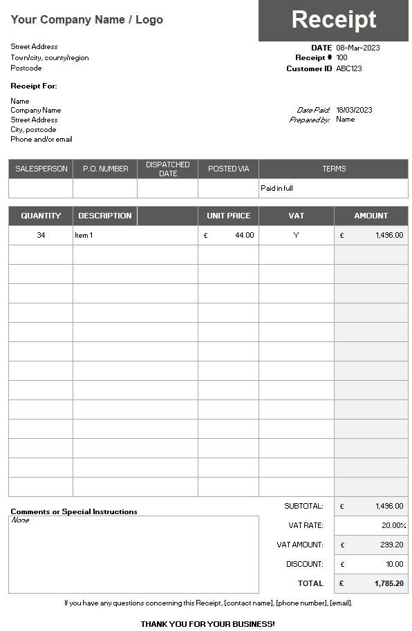 Simple Microsoft Excel Quote, Invoice, Receipt, Credit Note Business ...