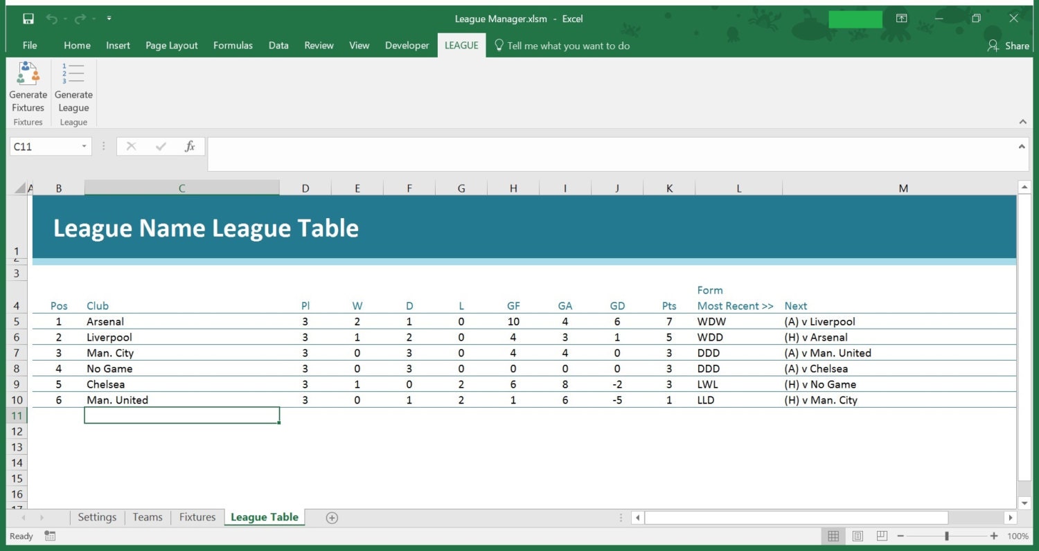 Fixture List Generator & League Manager. Microsoft Excel, Spreadsheet, Football, Darts, Rugby ...