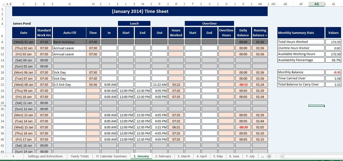 Employee, Staff Time Sheet and Calendar Reusable, Microsoft Excel ...