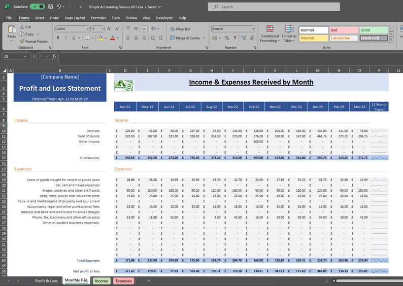 Simple Bookkeeping Spreadsheet Microsoft Excel Accounting Finance. Self ...