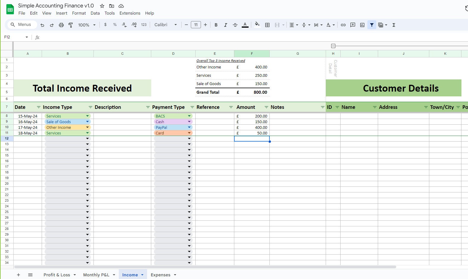 Simple Bookkeeping Spreadsheet | Google Sheets, Income & Expense ...