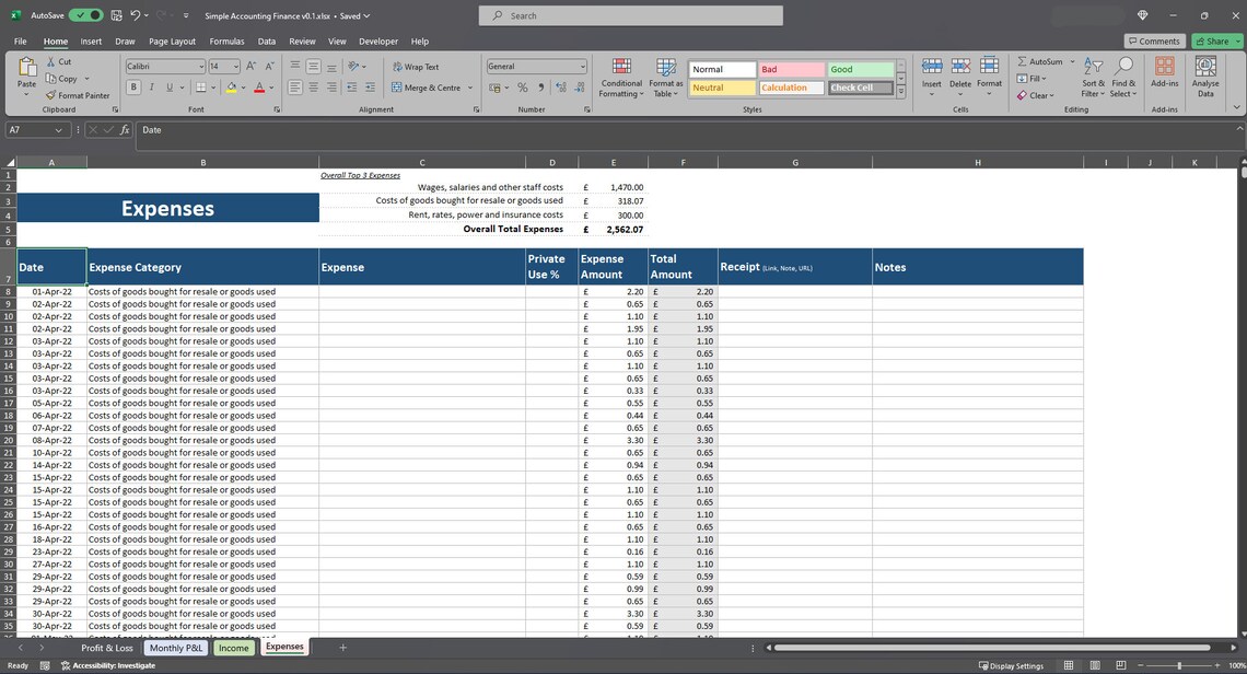 Simple Bookkeeping Spreadsheet Microsoft Excel Accounting Finance. Self ...