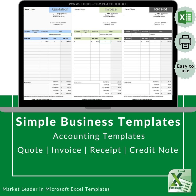Simple Microsoft Excel Quote, Invoice, Receipt, Credit Note Business ...
