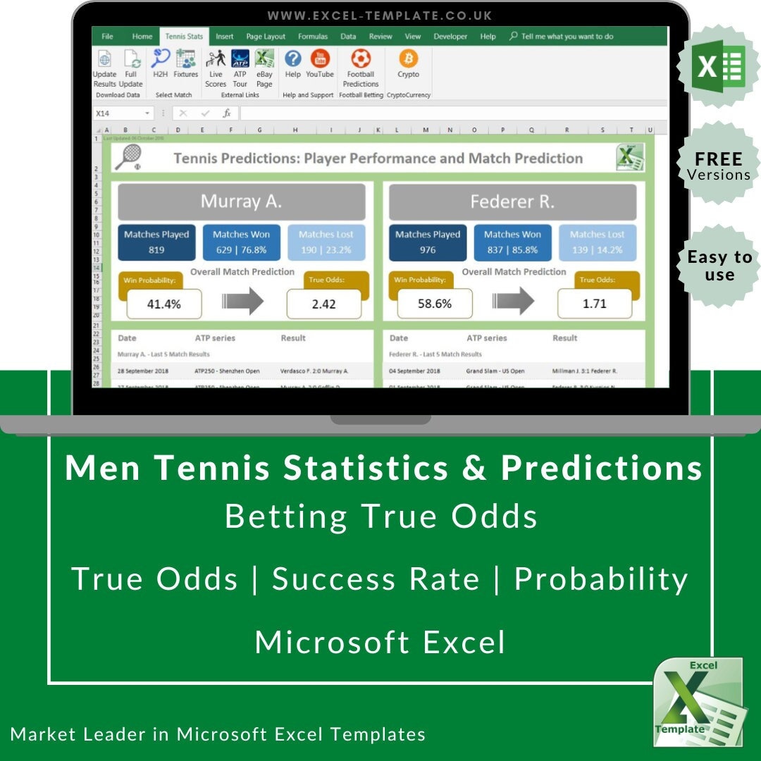 Men Tennis Prediction Statistics Spreadsheet Microsoft Excel Betting ...