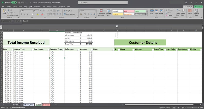 Simple Bookkeeping Spreadsheet Microsoft Excel Accounting Finance. Self ...