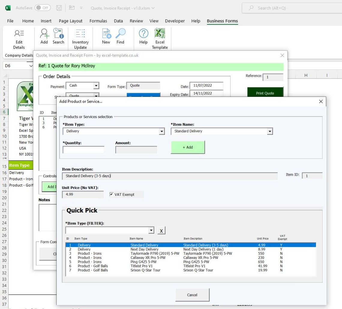 Microsoft Excel Spreadsheet Quote, Invoice, Receipt Generator and ...